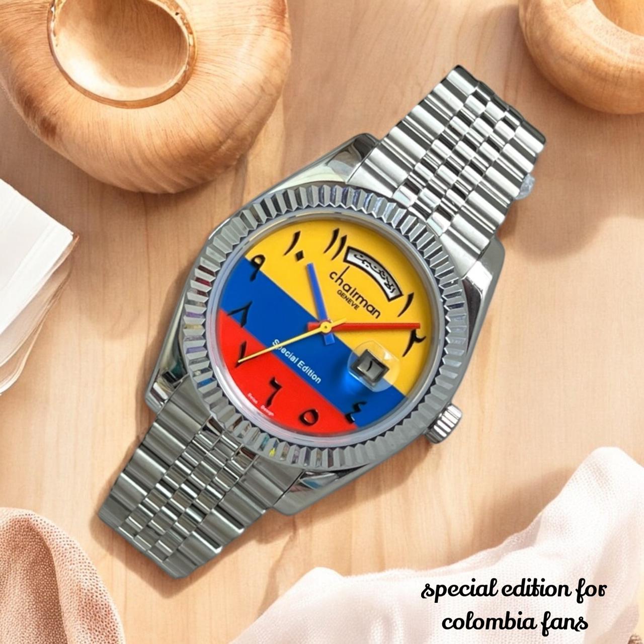 Colombia Fans Chairman Geneve Dated Arabic Mixed Color Dial Silver Cha ...