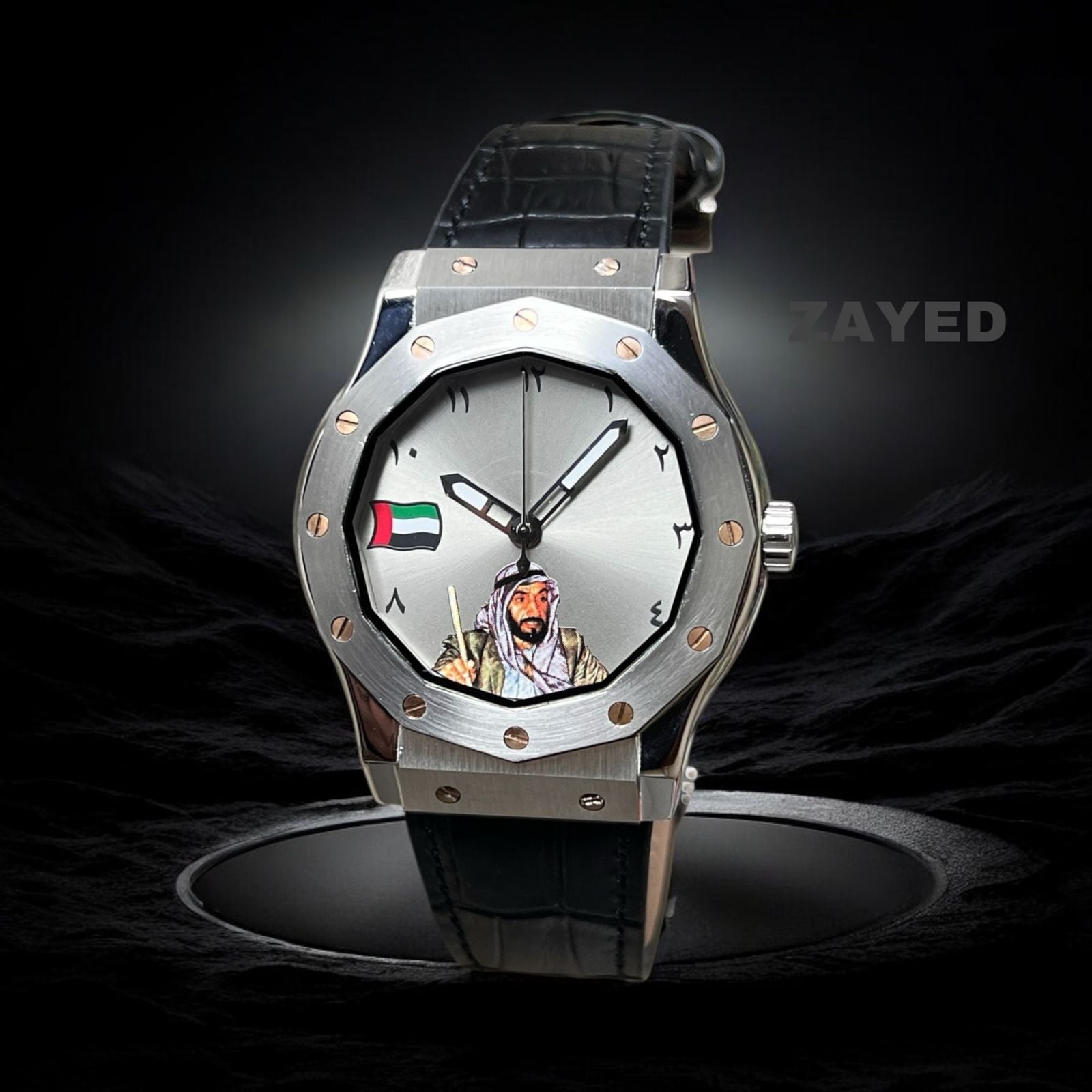 UAE Flag Zayed Watch Arabic Dial Black Leather Strap – DealDXB