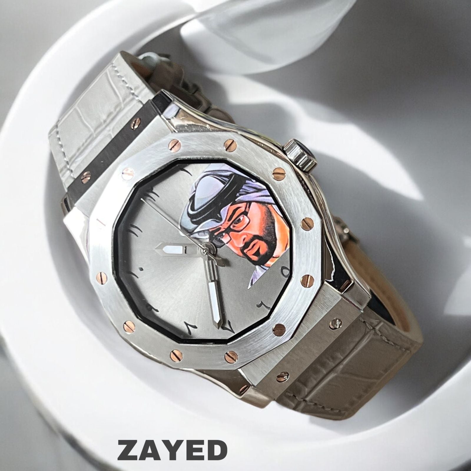 UAE Flag Zayed Watch Arabic Dial Grey Leather Strap Metal Frame – DealDXB